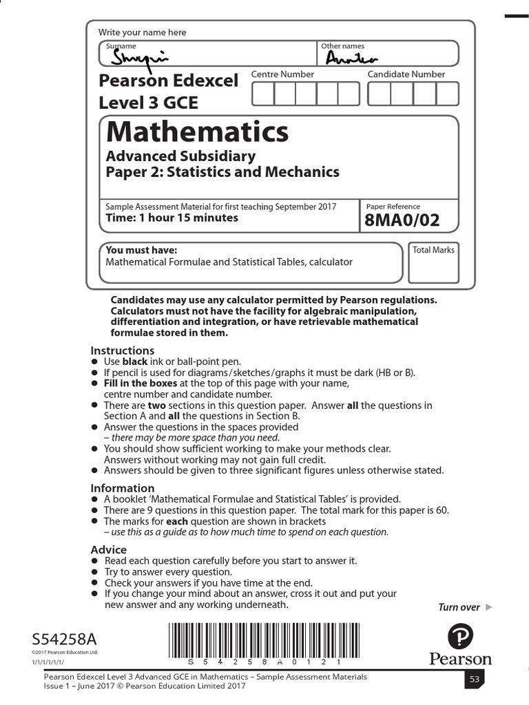 AS Mathematics: Stats & Mechanics Paper | PDF | Acceleration ...