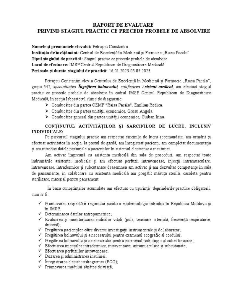 Raport de Evaluare Privind Stagiul Practic Ce Precede Probele de Absolvire | PDF