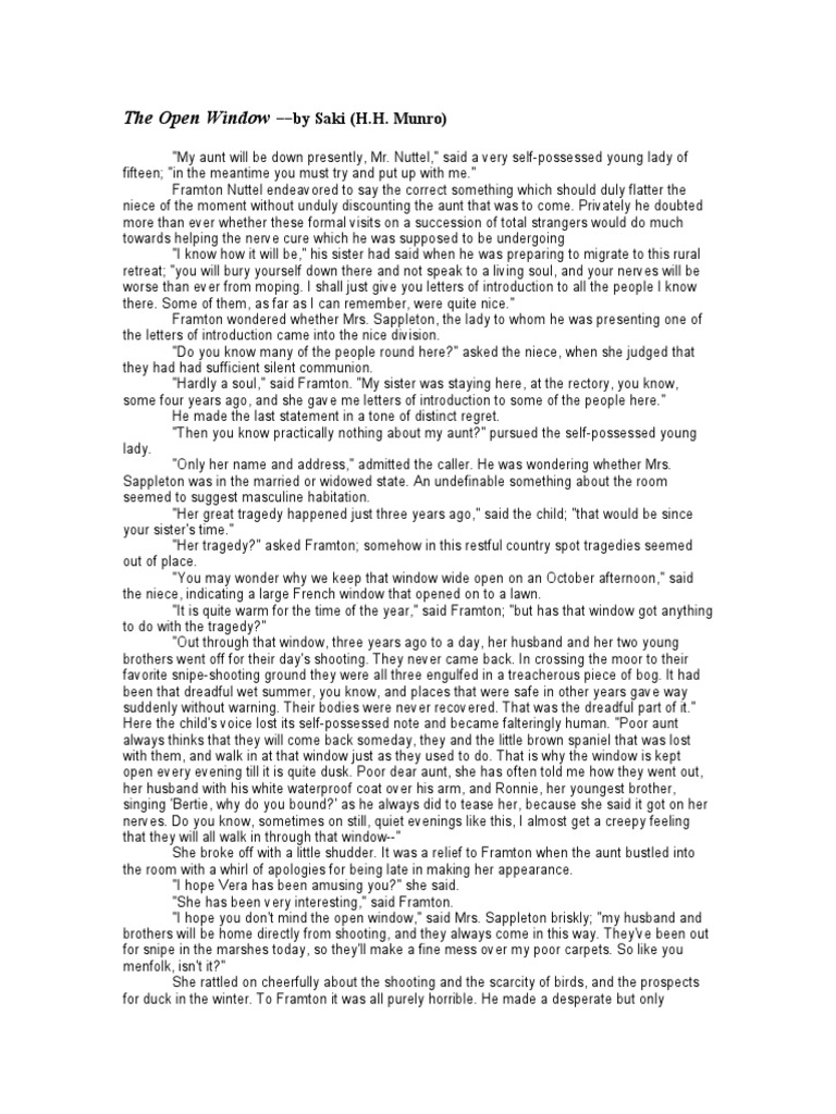 The Open Window Text and Questions | PDF | Irony | Saki