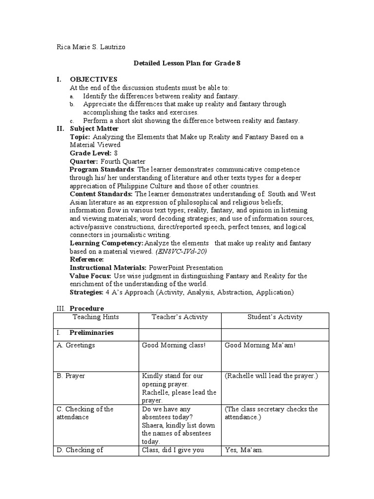 Lesson PlanFINAL | PDF | Reality | Lesson Plan