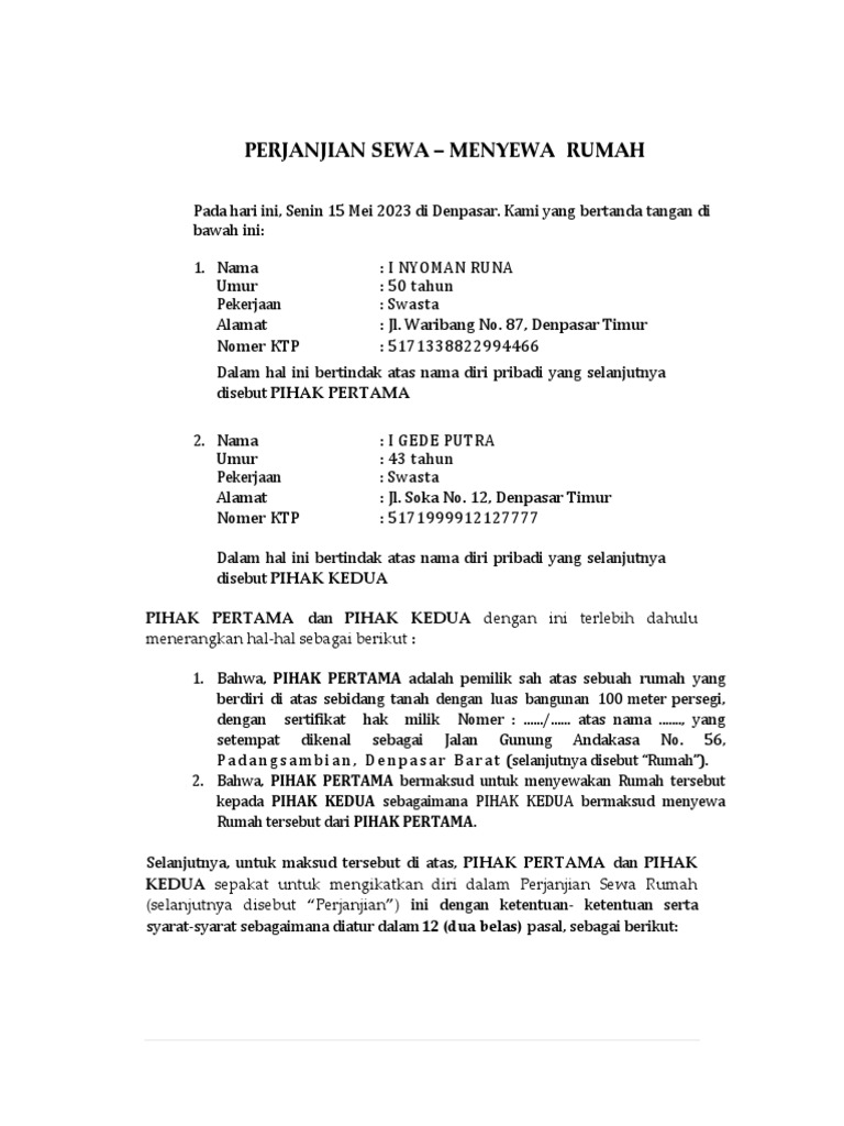 Surat Perjanjian Sewa Rumah | PDF