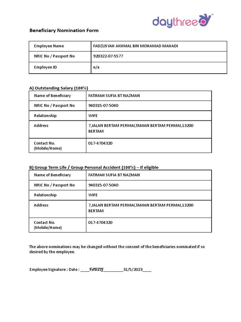Beneficiary Nomination Form (NEW) | PDF