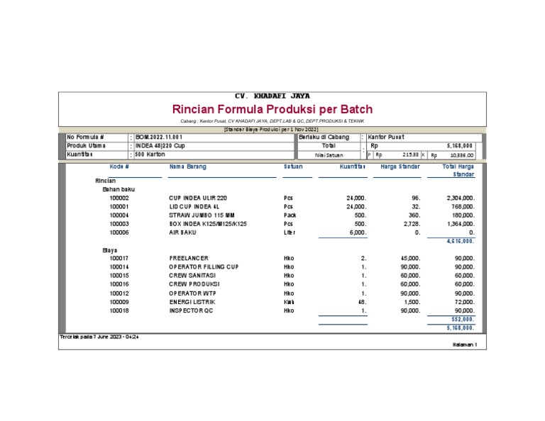 Rincian Formula Produksi Per Batch | PDF