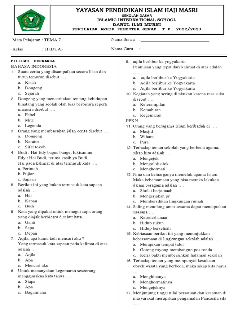 Soal Ujian Tema 7 Kelas 2 RB 2023 | PDF