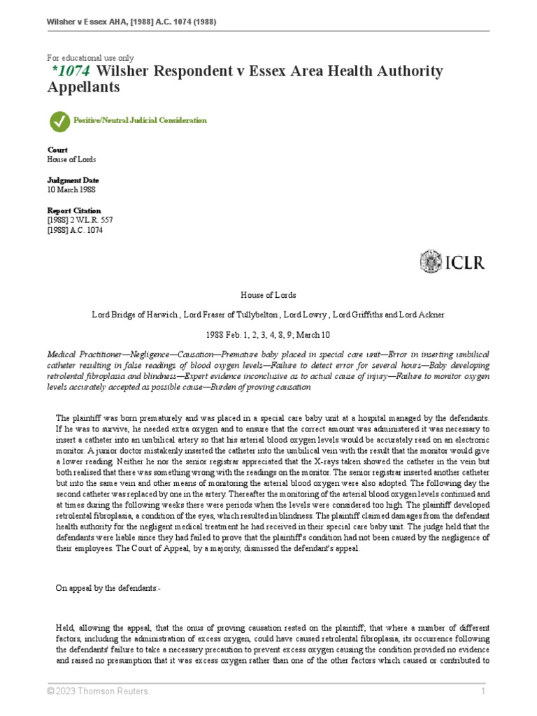 Wilsher V Essex AHA | PDF | Negligence | Burden Of Proof (Law)