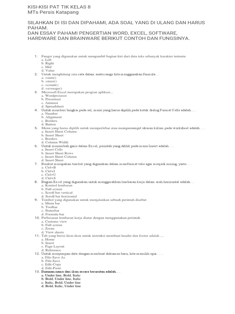 Kisi Kisi Pat Tik Kelas 8 | PDF | Metode & Bahan Ajar