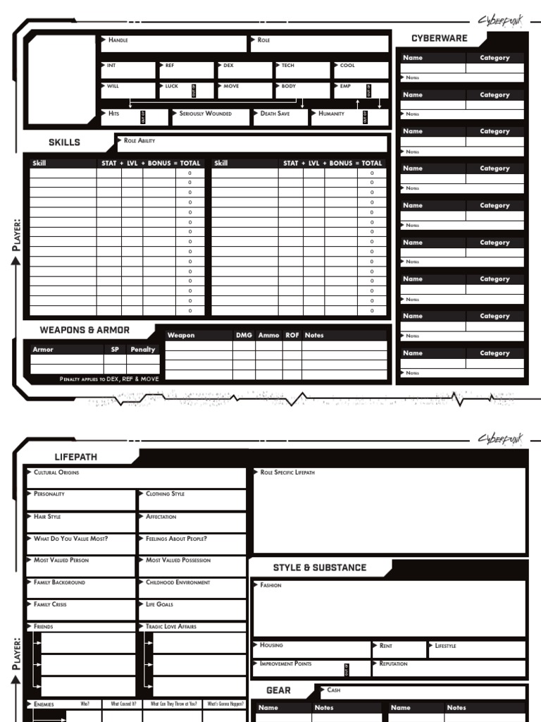 CP3021 Cyberpunk RED - Data Pack - B - W Character Sheet (Fillable) | PDF