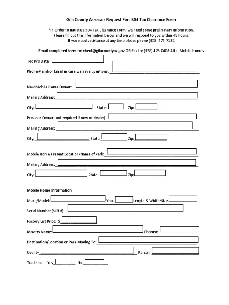 504 Mobile Home Tax Clearance Request Form - Fill-in-Form | PDF