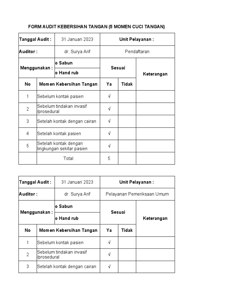 Contoh AUDIT PPI Kebersihan Tangan | PDF
