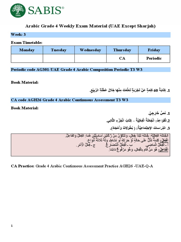 2223 Grade 4 Arabic Exam Related Materials T3 Wk3 | PDF
