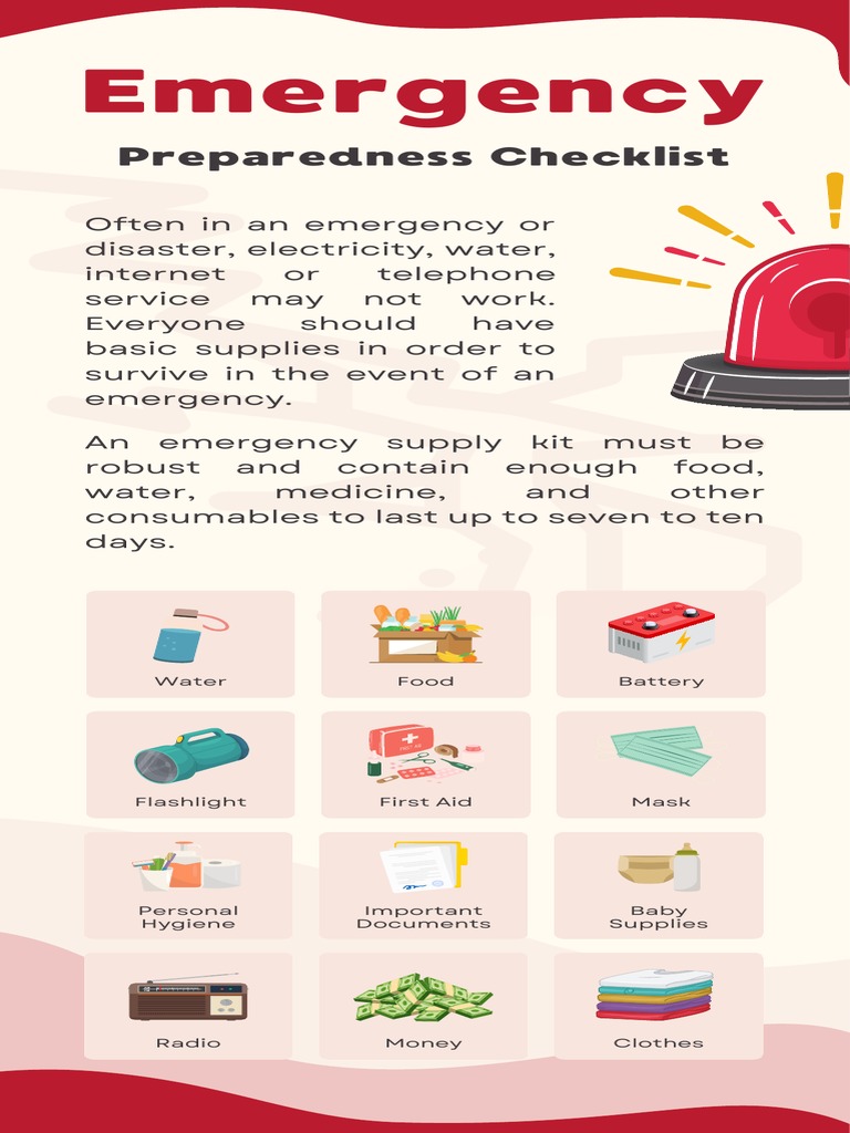 White Red Illustration Emergency Preparedness Checklist Infographic | PDF