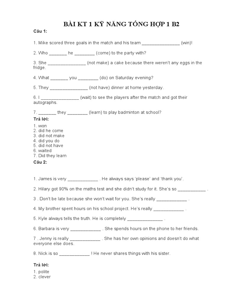 Bài KT 1 K Năng T NG H P 1 B2 | PDF