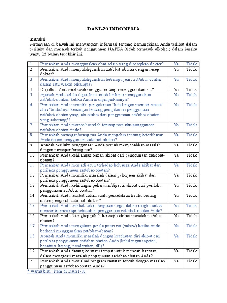 Kuesioner Screening Narkoba (DAST) | PDF