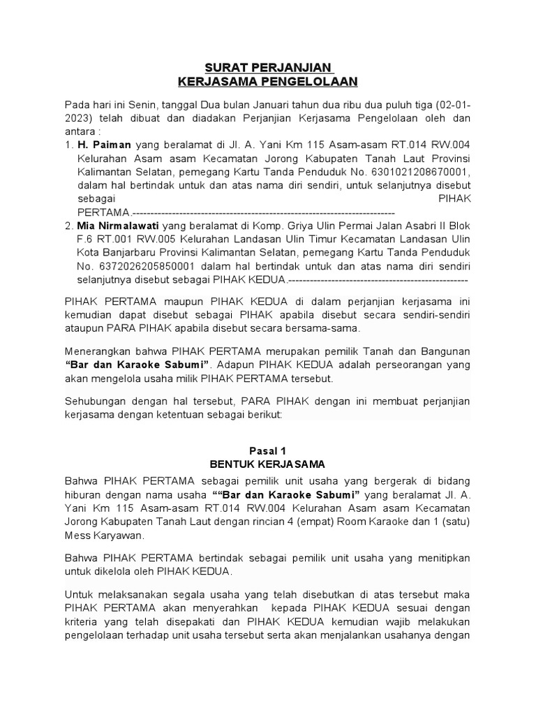 Perjanjian Kerjasama Pengelolaan Cafe Dan Bar Sabumi | PDF | Hukum