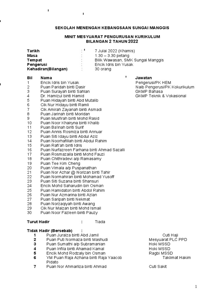 Minit Mesyuarat Pengurusan Kurikulum Bil 2 Tahun 2022 2023 | PDF