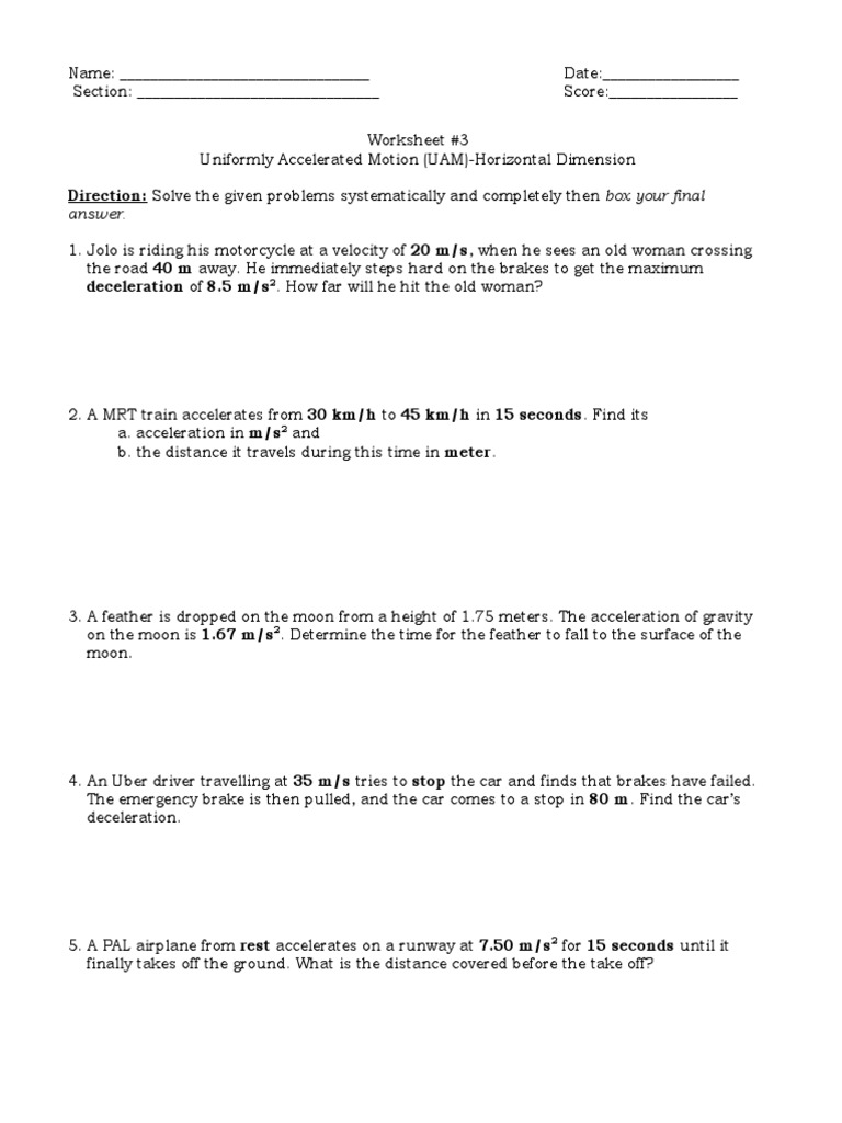 Worksheet 3 Horizontal MotionReg | PDF