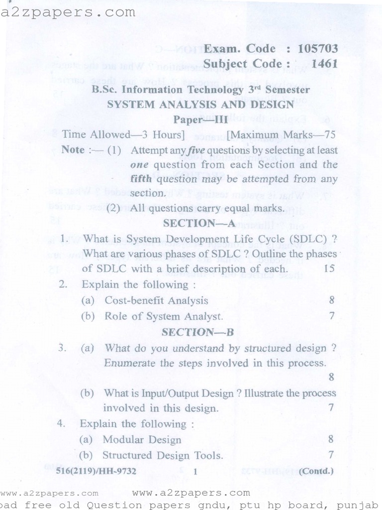BSC IT SAD GNDU 2019 Semester III Examination | PDF | Systems Theory ...