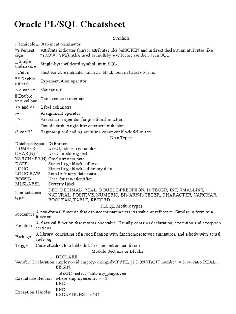 Oracledba Wdfiles Com Local Files Start PLSQL Cheat Sheet | PDF | Pl/Sql | Computer Engineering