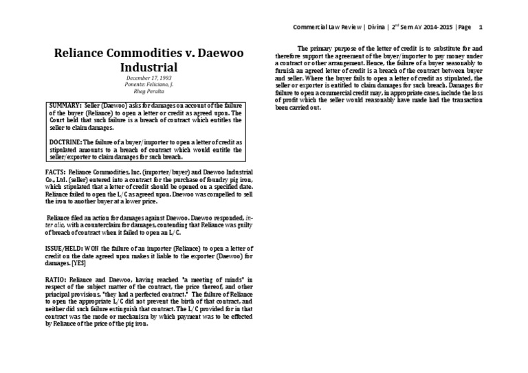 Reliance Commodities v. Daewoo: Breach of Contract | PDF | Letter Of ...