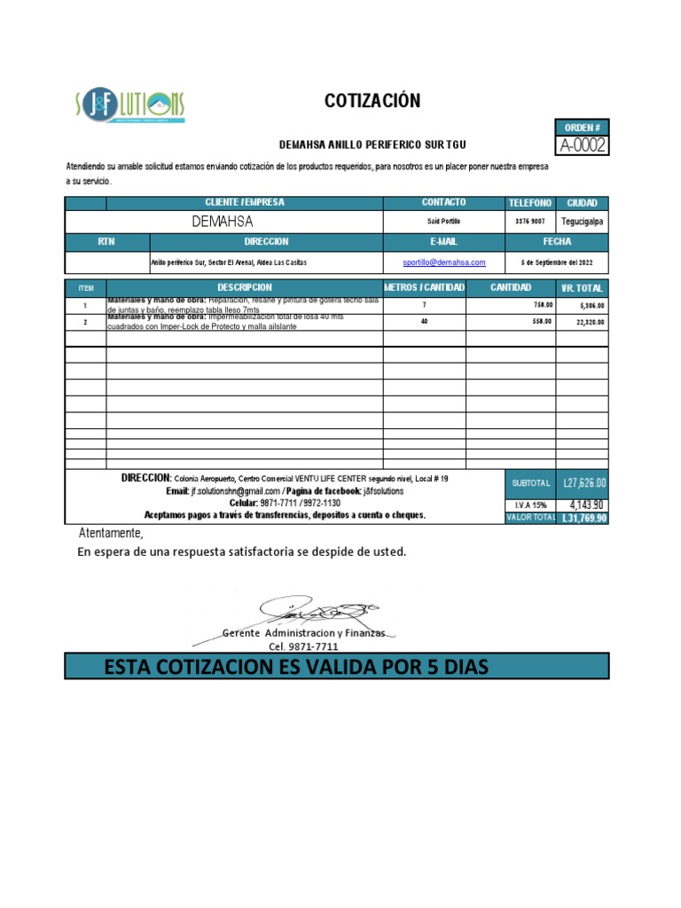 Cotización Reparación e Impermeabilización Tegucigalpa | PDF