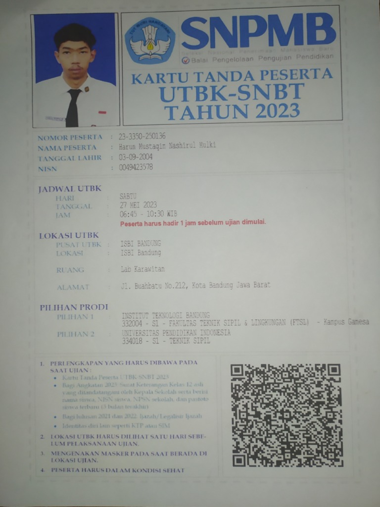 SM-ITB - KartuPesertaUTBK - Harun Mustaqim N.M | PDF
