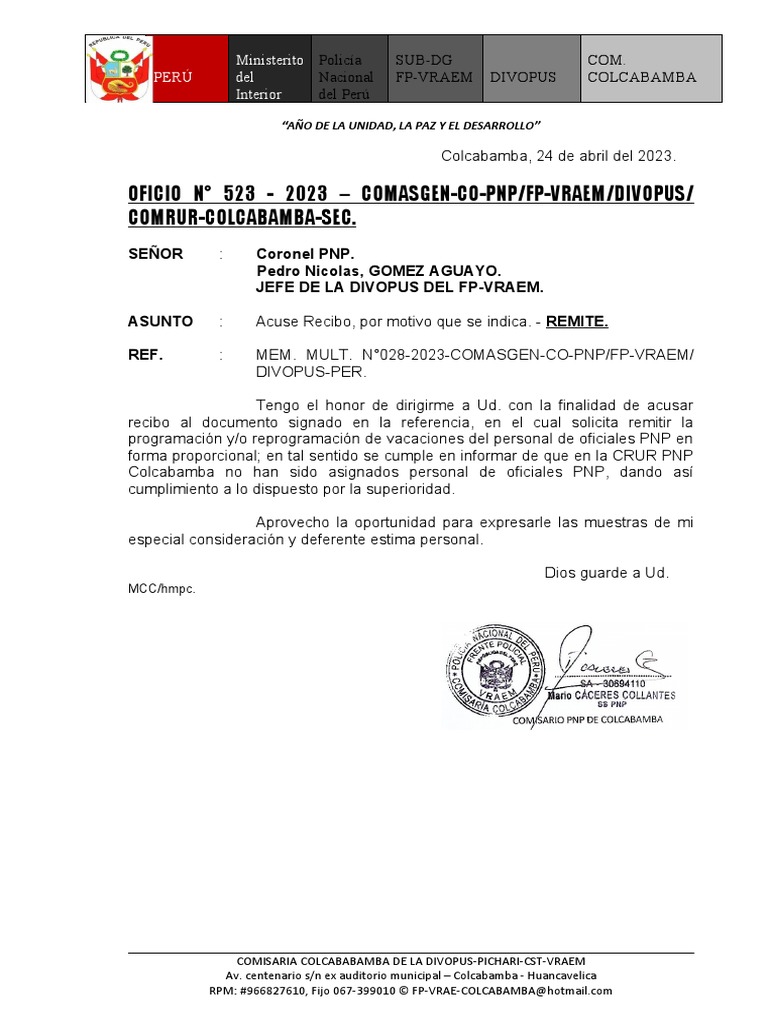 Oficio #523, Acuse Recibo A M.M #028, Sobre Reprogramacion de Vacaciones Del Personal de ...
