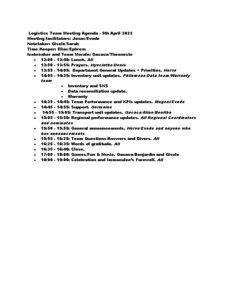 Logistics Team Meeting Agenda | PDF