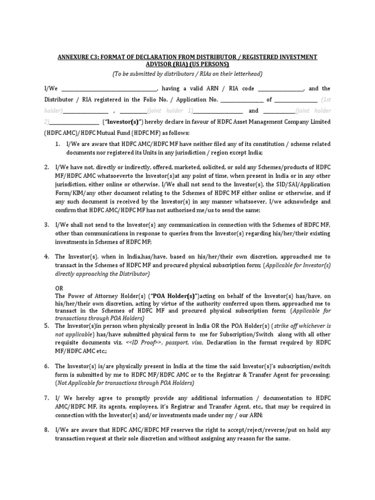 Annexure C3: Format of Declaration From Distributor / Registered ...