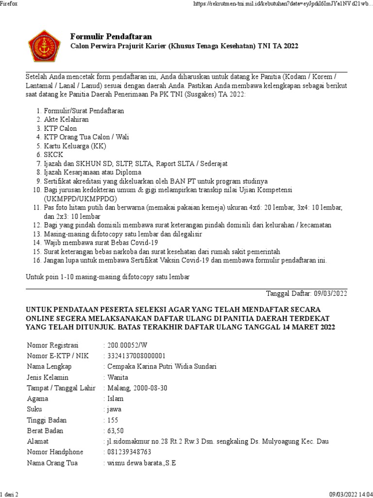Formulir Tes Perwira Tni Kesehatan | PDF