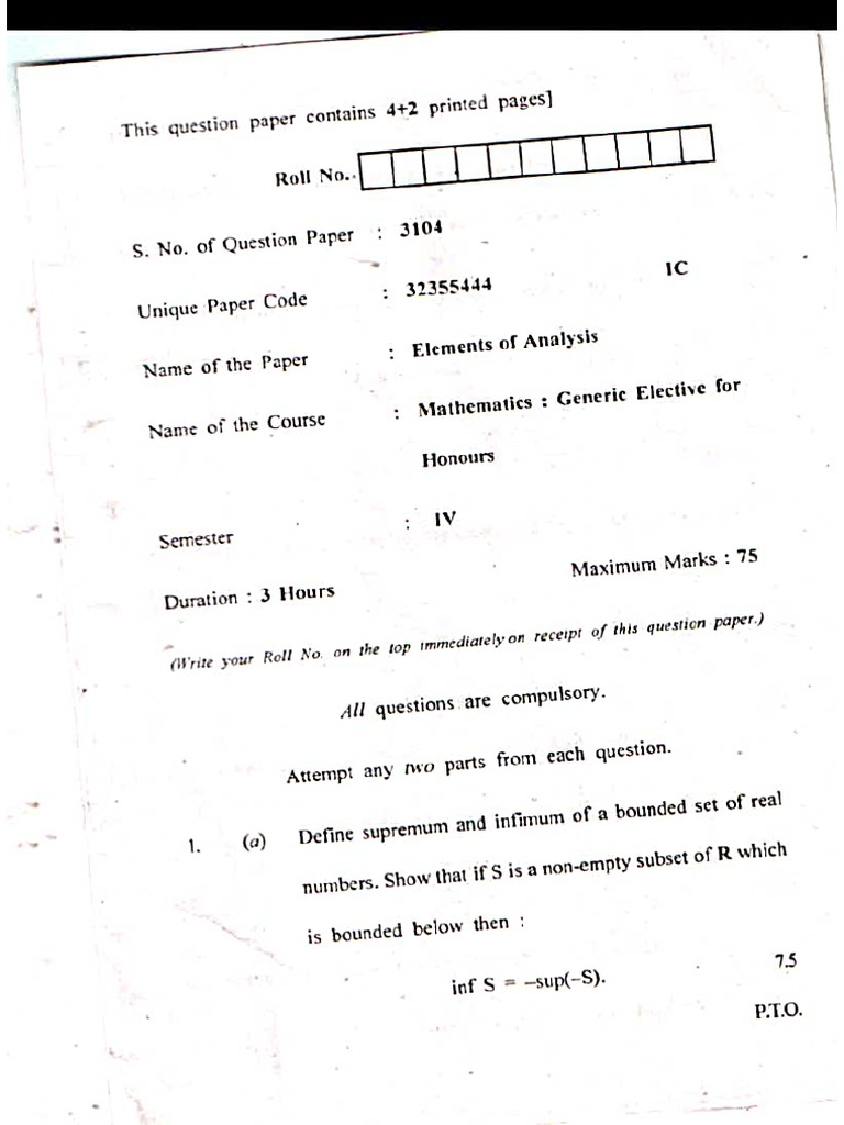 GE IV - PYQ Paper 1 - Elements Analysis for Sem IV for GE Mathematics ...