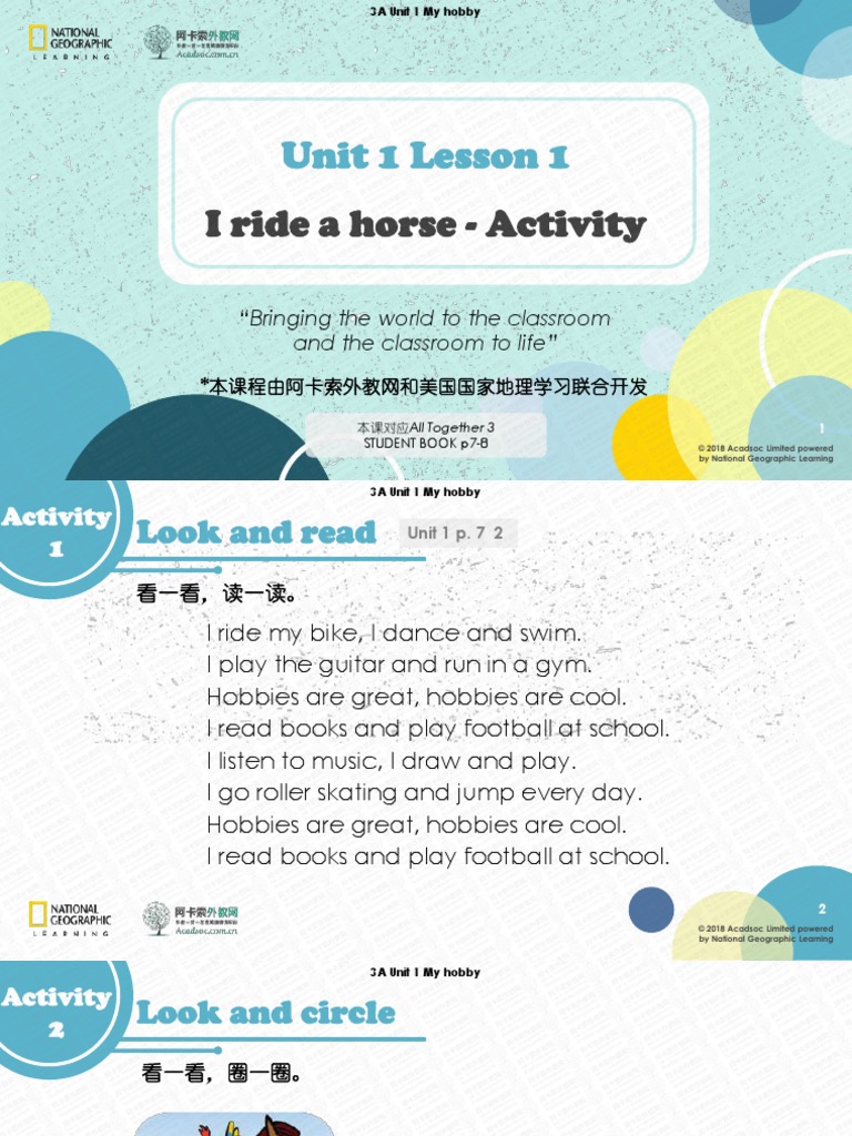 Unit 1 Lesson 1 I ride a horse Activity | PDF