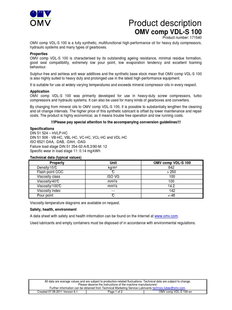 Omv Comp VDL S 100 | Download Free PDF | Motor Oil | Physical Sciences