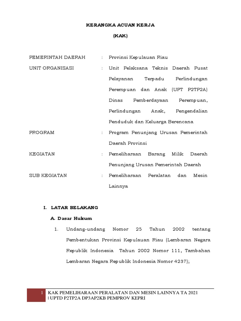 9 KAK Pemeliharaan Peralatan Dan Mesin Lainnya 2021 | PDF