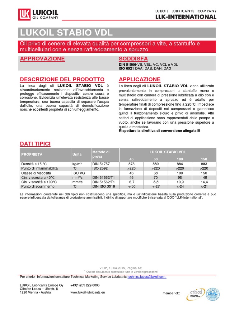 Lukoil Stabio VDL 100 Specificatie Tehnica | PDF