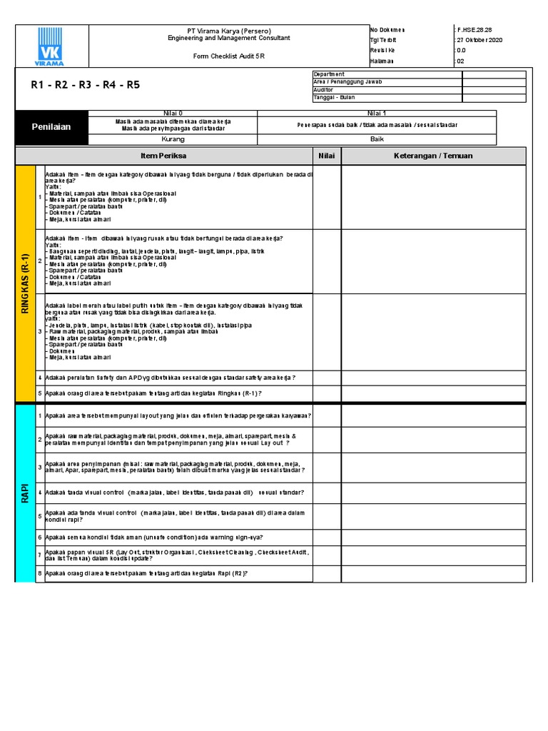F.HSE.28.28 - Checklist Audit 5R For VK | PDF