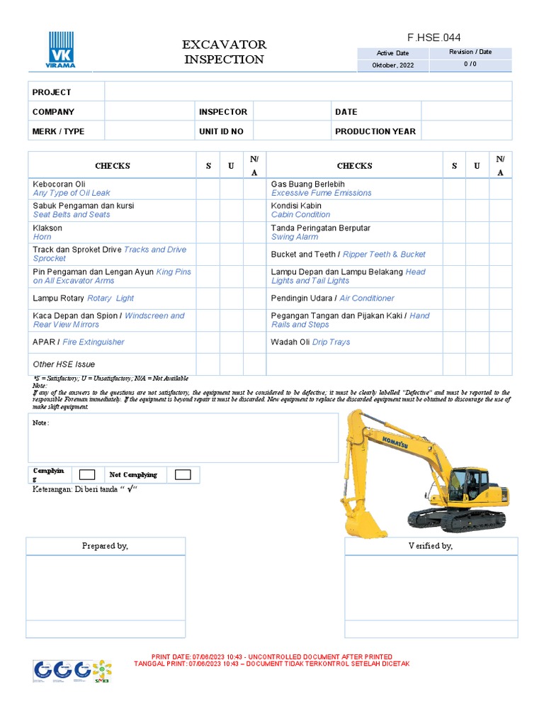 F.HSE.044 - Excavator Inspection | PDF | Motor Vehicle | Equipment