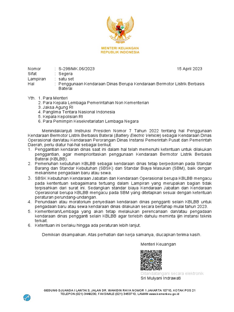 S 298 MK. 6 2023 Penggunaan Kendaraan Dinas Berupa Kendaraan Bermotor Listrik Berbasis Baterai ...