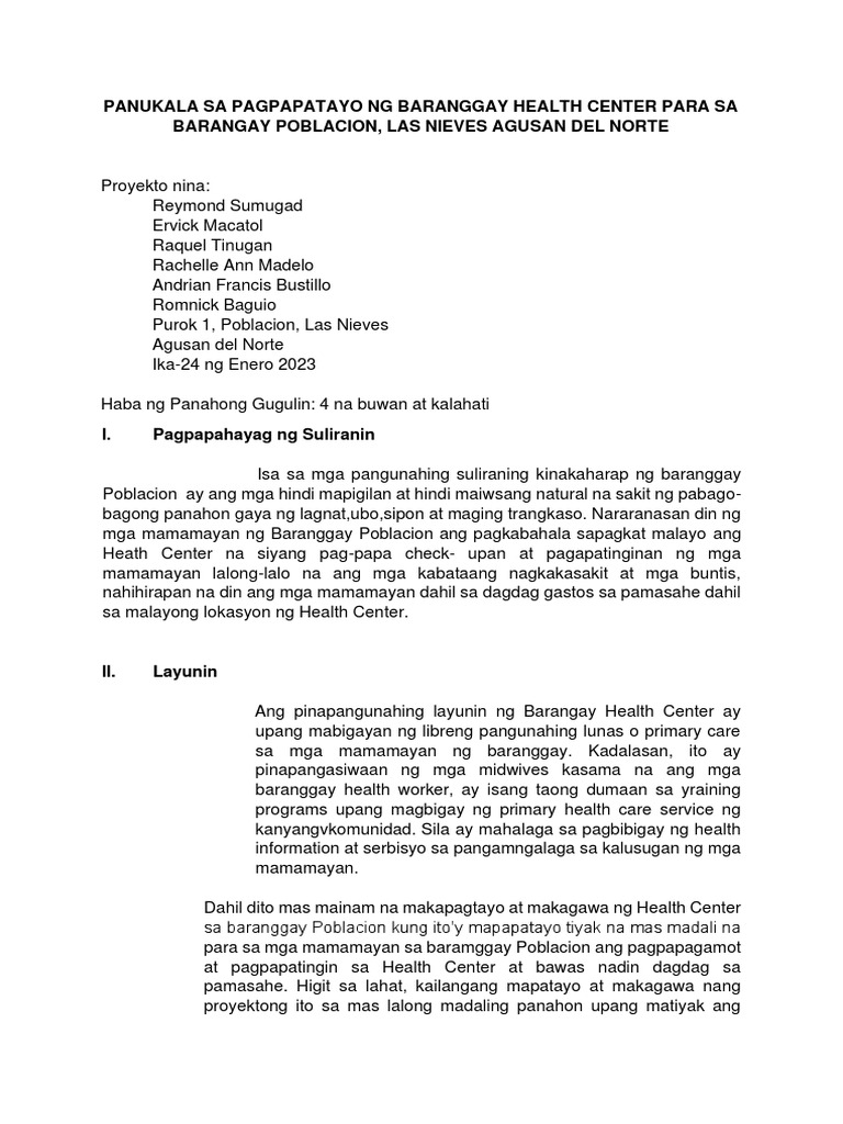 Panukala Sa Pagpapatayo NG Baranggay Health Center para Sa Barangay ...
