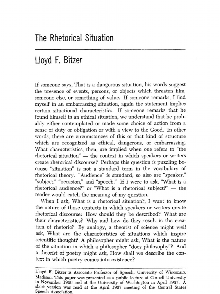 Bitzer, The Rhetorical Situation | PDF | Rhetoric | Public Speaking