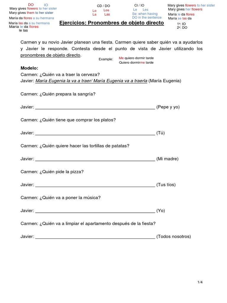 Ejercicios: Pronombres de Objeto Directo: Modelo | PDF