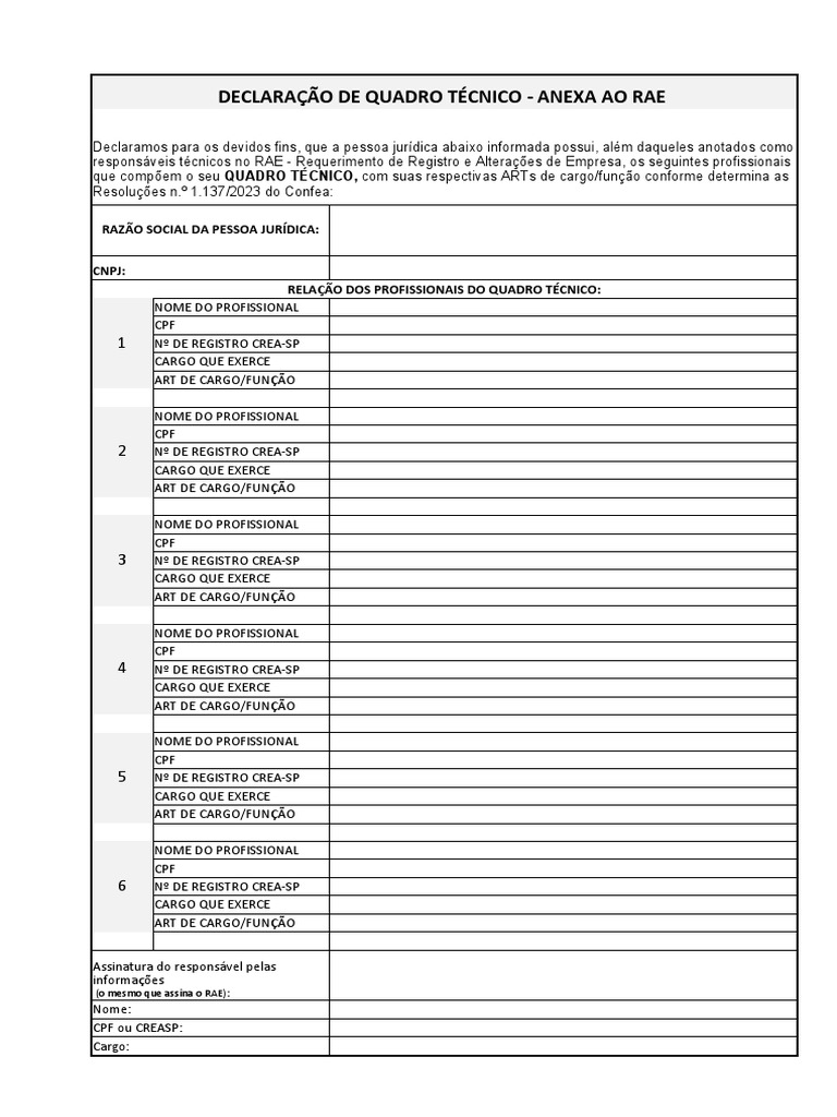 Formulario de Quadro Tecnico de Pessoas Juridicas Anexo Ao Rae1 | PDF