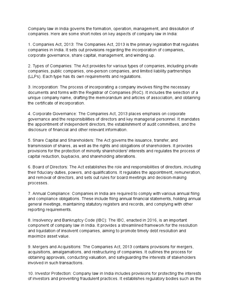 Company Law - Notes | PDF