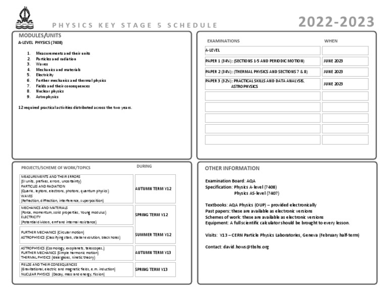 A Level Physics Curriculum Map 2022 2023 | PDF