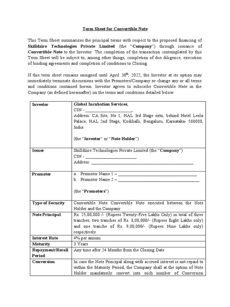 Term Sheet for ₹25 Lakhs Convertible Note | PDF | Indemnity ...