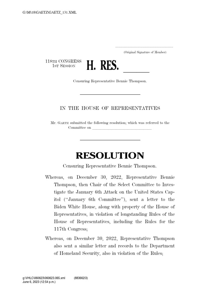 Matt Gaetz brings resolution to censure Bennie Thompson | PDF | United ...
