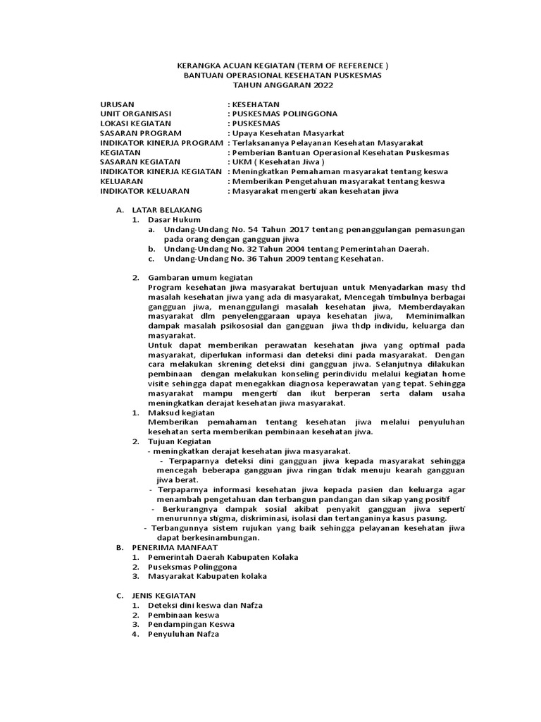 Kerangka Acuan Kegiatan Keswa | PDF