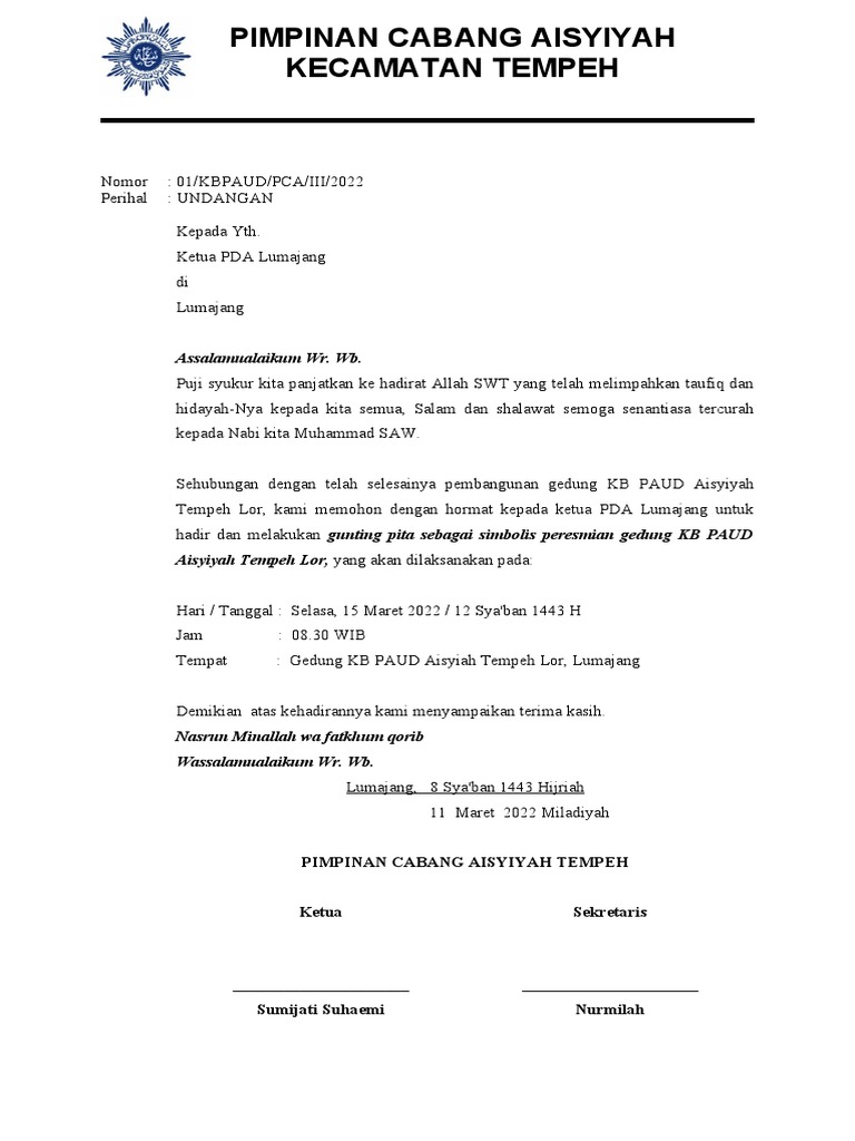 Undangan Peresmian Gedung PAUD Aisyiyah | PDF