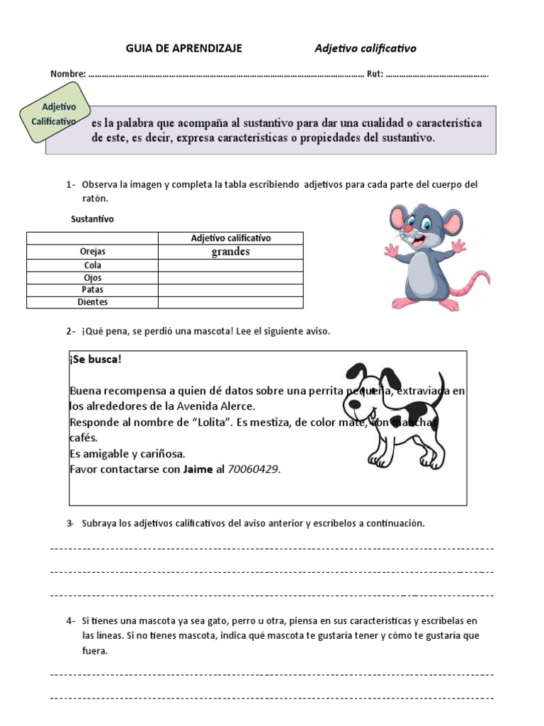 LENG 3° GUIA 3 Adjet Calificativo | PDF