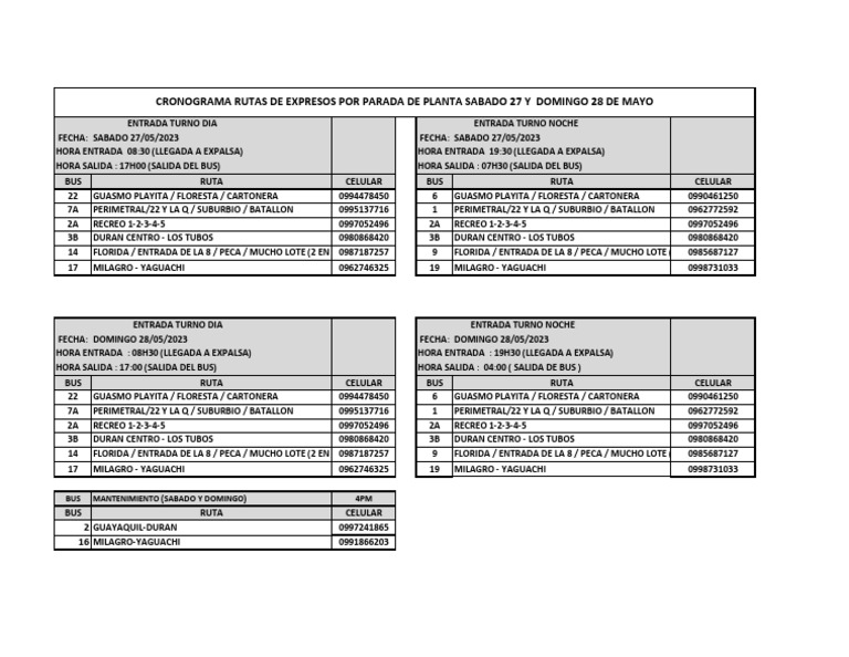 Cronograma Expreso Expalsa Parada de Planta 27 y 28 Mayo | PDF