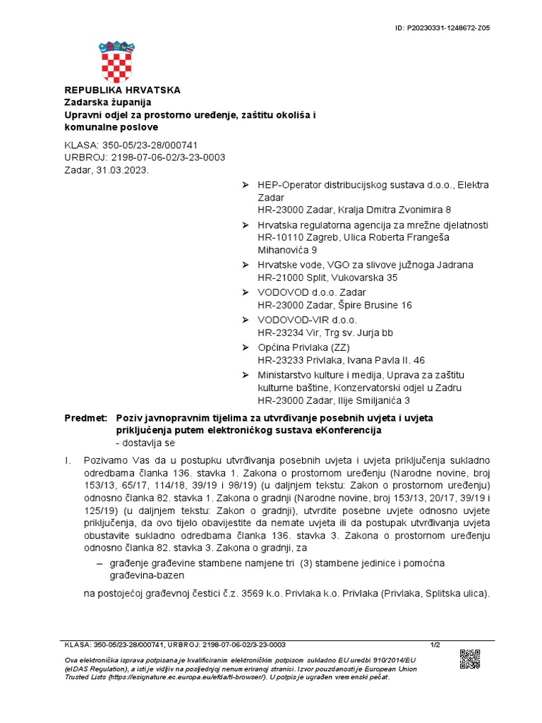 Poziv Javnopravnim Tijelima Za Utvrđivanje Posebnih Uvjeta I Uvjeta Priključenja | PDF